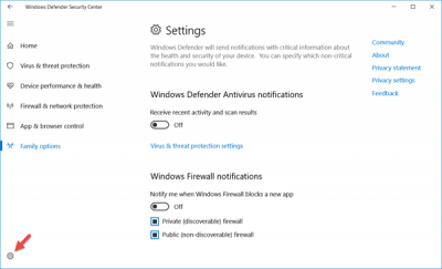 Windows Defender Security Center in Windows 10