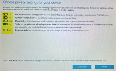 Before installing Windows 10 Feature Update review privacy settings