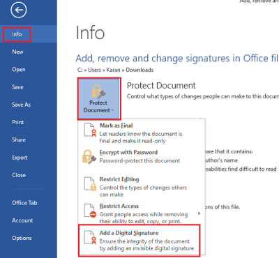 How to add, remove and change Digital Signatures in Word files