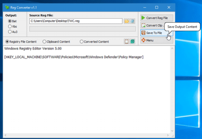Convert .reg file to .bat, .vbs, .au3 files with Reg Converter for PC