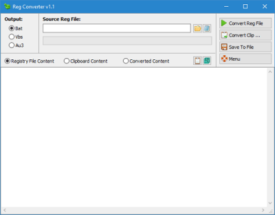 Convert .reg file to .bat, .vbs, .au3 files with Reg Converter for PC