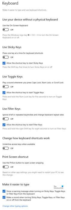 Ease of Access Keyboard Settings on Windows 11/10