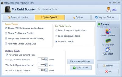 Mz Ram Booster for Windows tweaks settings to boost RAM