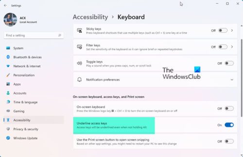 Underline and Highlight Menu Shortcut Keys in Windows 11