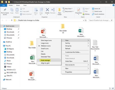 How to disable Auto Arrange in folders in Windows Explorer