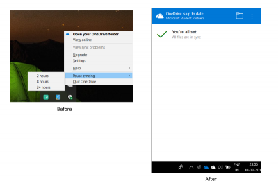 OneDrive Activity Center contains Settings and Pause menus