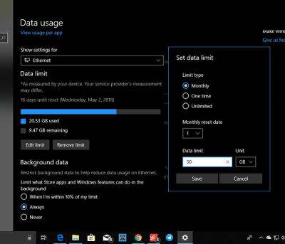 Set Data Limit for Wireless and Ethernet Adapter on Windows 11