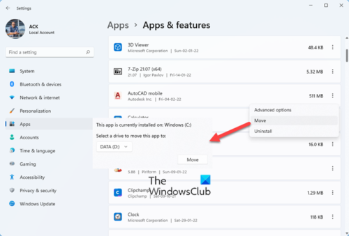 How to move installed Apps to another Drive in Windows 11/10