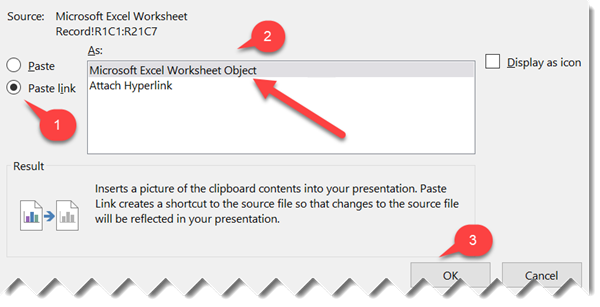 How to link a part of data in Excel Worksheet in PowerPoint