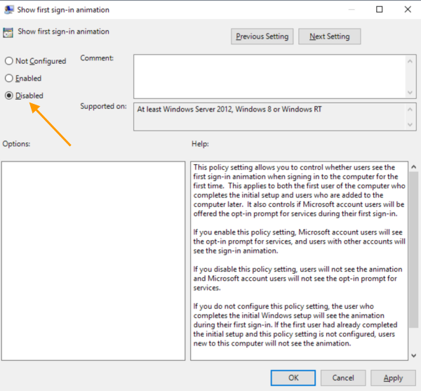 Disable first logon Hi animation using Registry or Group Policy