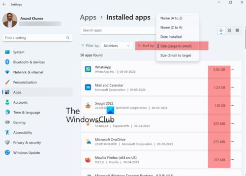 How to see Program and App Sizes in Windows 11/10