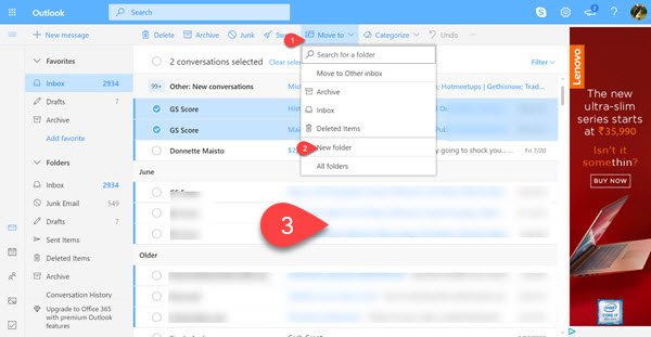 Organize Outlook.com inbox with Archive, Sweep, and Move tools