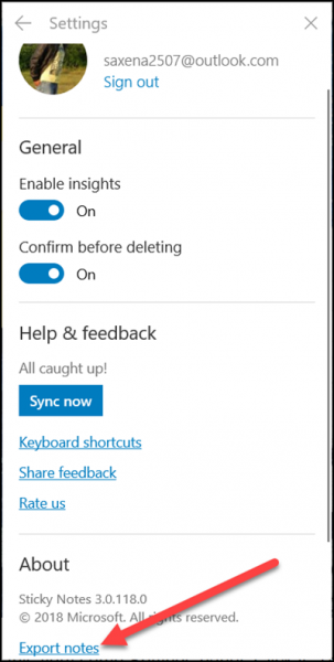 How to export Sticky Notes to Outlook.com in Windows