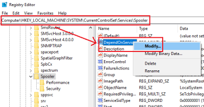 Print Spooler Service Error 1068, Dependency service or group failed