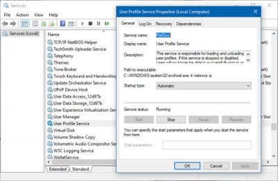 Windows couldn't connect to the ProfSVC service