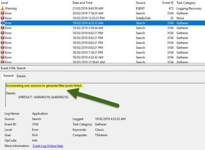 Enumerating user sessions to generate filter pools failed - Windows Search