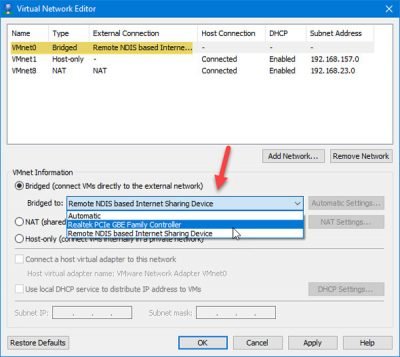 VMware Bridged network not working or detecting in Windows