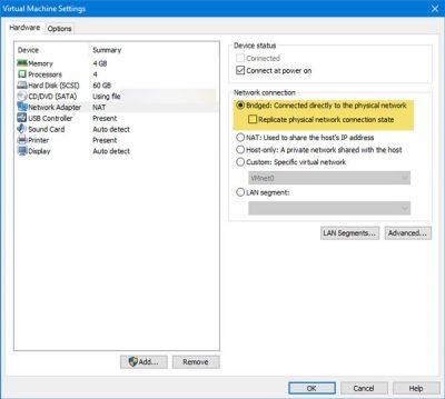 VMware Bridged network not working or detecting in Windows