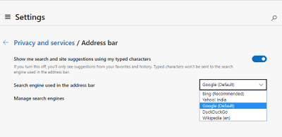 How to change default Search Engine in Edge browser