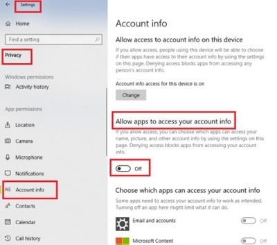 Allow or deny App permission to access Account info, Name, Picture