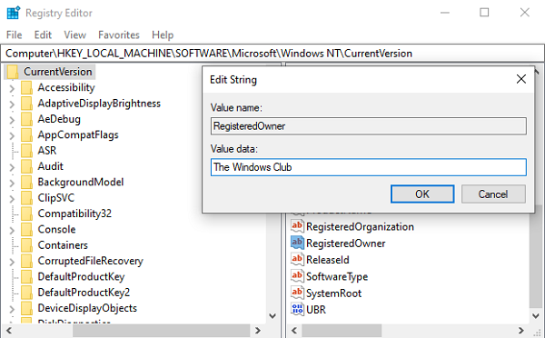 How to change Registered Owner & Organization Info in Windows