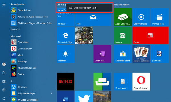 How to unpin Group of Tiles, Folders from Windows 10 Start Menu