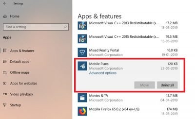 How to uninstall Mobile Plans App in Windows 10
