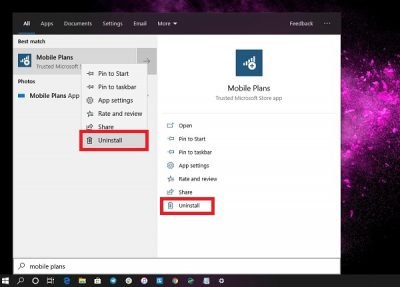 How to uninstall Mobile Plans App in Windows 10