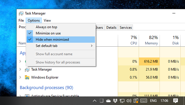 Pin Task Manager to Taskbar/Start Menu; Minimize Task Manager to Tray