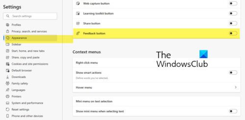 How to remove Send feedback button in Microsoft Edge