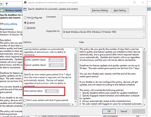 How to specify deadline before auto-restart for Update installation
