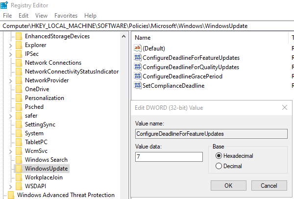 How to specify deadline before auto-restart for Update installation