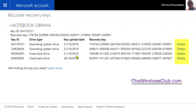 How to delete BitLocker Recovery Key from OneDrive in Windows 11/10
