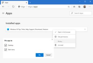 Pin website to Taskbar or Start Menu using Edge in Windows 10
