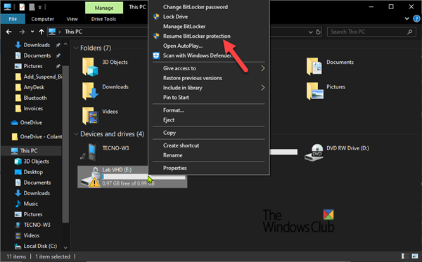 Resume Or Suspend Bitlocker Protection For Drives In Windows