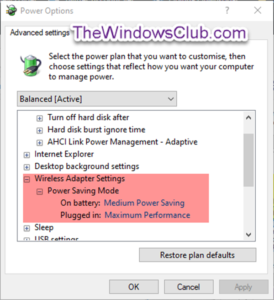Wireless Adapter Settings missing in Advanced Power Settings