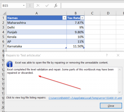We found a problem with some content in xlsx error in Excel