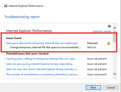 Internet Explorer Performance & Safety Troubleshooters