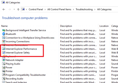 Internet Explorer Performance & Safety Troubleshooters
