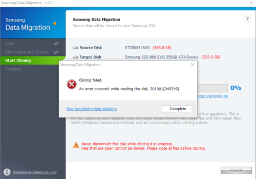 Cloning Failed, An error occurred while reading the disk