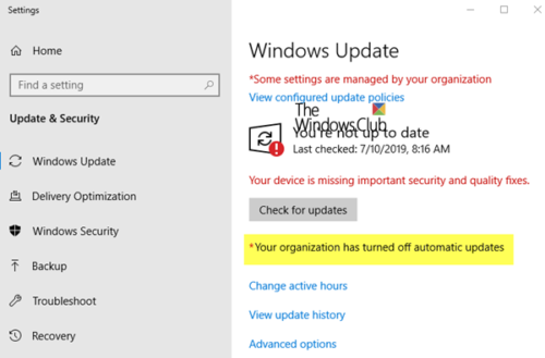Your organization has turned off automatic updates in Windows 11