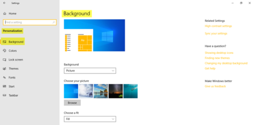Personalization settings in Windows 10