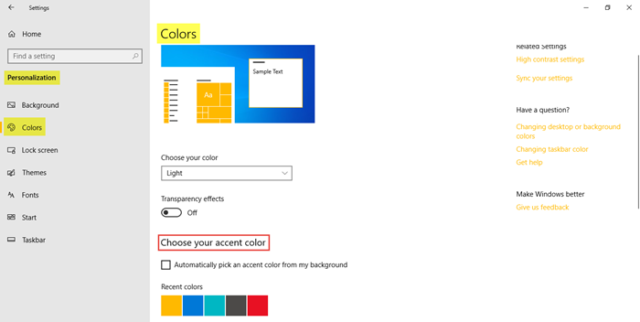 Personalization settings in Windows 10