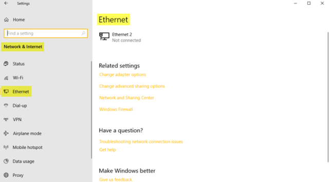 Network and Internet Settings in Windows 10