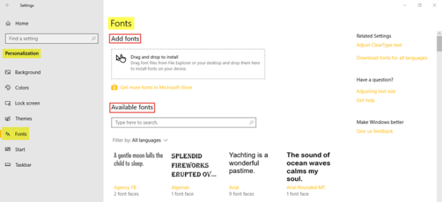 Personalization settings in Windows 10