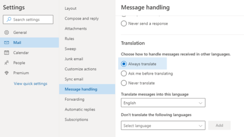 How to automatically translate Emails in Outlook.com