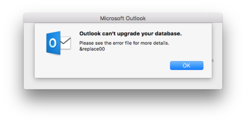 Outlook can't upgrade your database in Mac