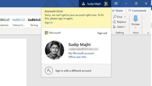 Sorry, we can't get to your account right now error in Microsoft 365 apps