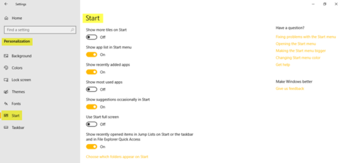 Personalization settings in Windows 10