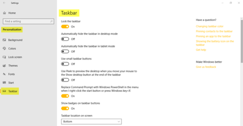 Personalization settings in Windows 10
